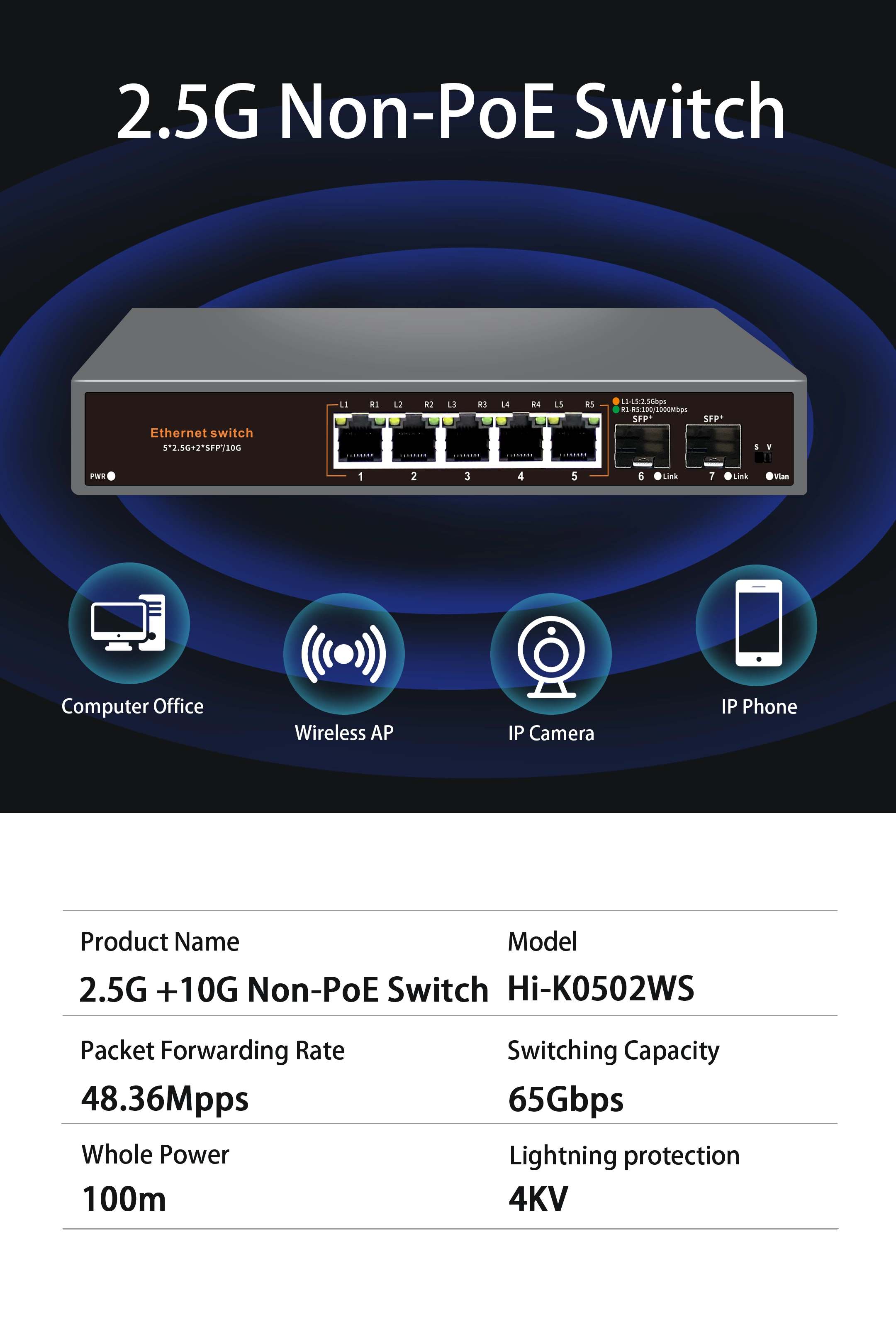 Hisource 2.5G None-POE Network Switch 5 8 Port Ethernet Switch with 2 ...