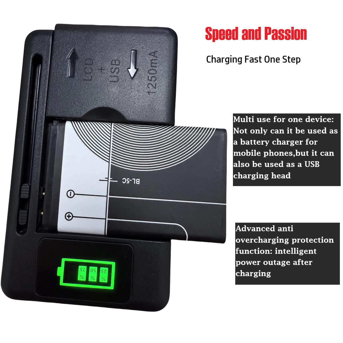 Mobile Battery Charger Universal LCD Indicator Screen USB-Port For Cell ...